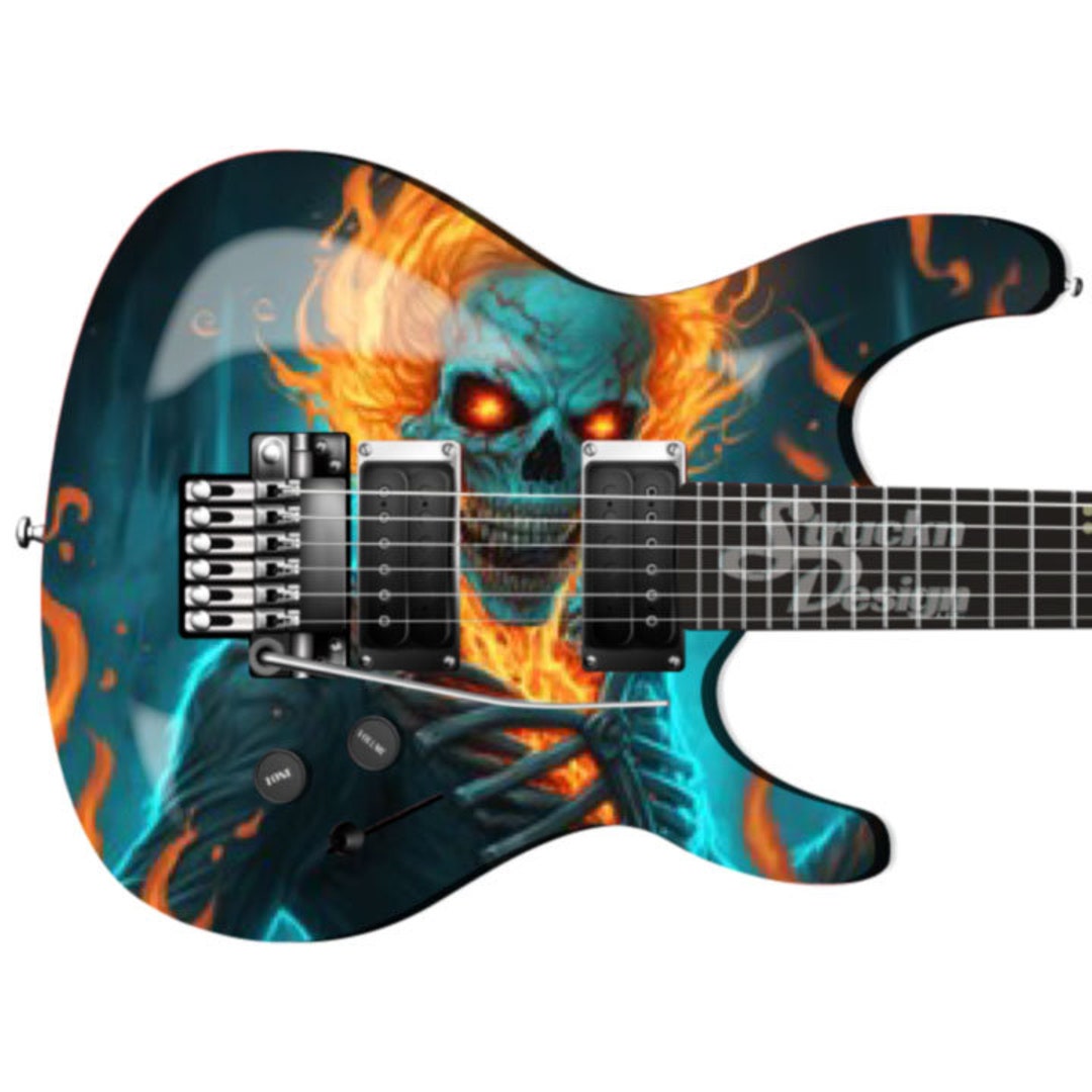 Teal Flame Fire Skull Skeleton Cyan Metal Bass Vinyl Decal Guitar Wrap ...