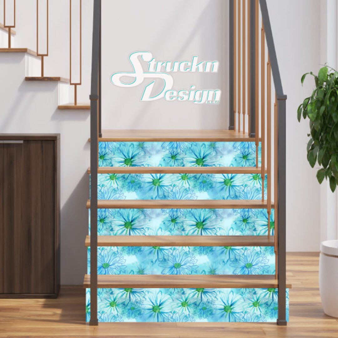 Watercolor Blue Green Daisy Flower Abstract Staircase Wrap Vinyl Mural ...