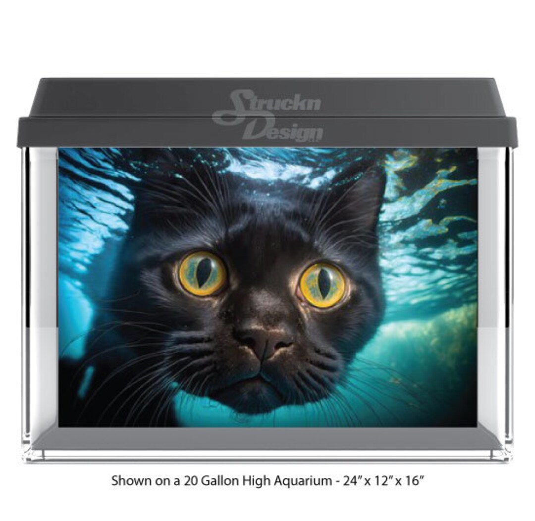 Dark Black Cat Swimming Underwater Teal Water 10mil Polyester Fish Tank ...