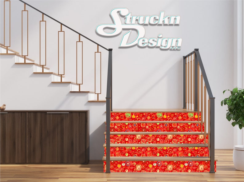 Retro Red Abstract Funky Shapes Design Stair Riser Staircase Wrap Vinyl ...