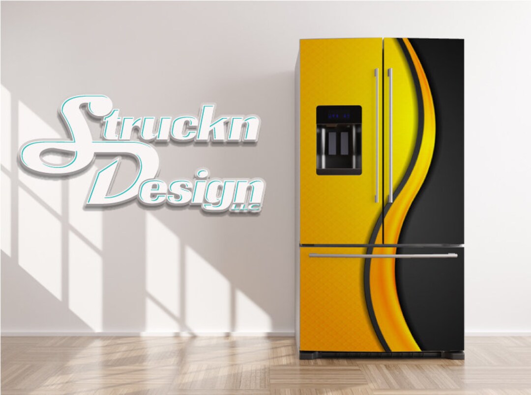 Black Wave Yellow Split Design Refrigerator Fridge Freezer Wrap Side by ...
