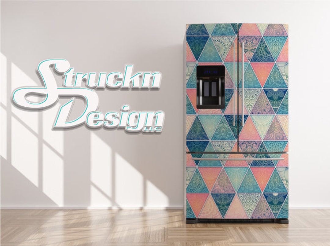 Pink Teal Blue Triangles Floral Ornate Retro Refrigerator Fridge ...