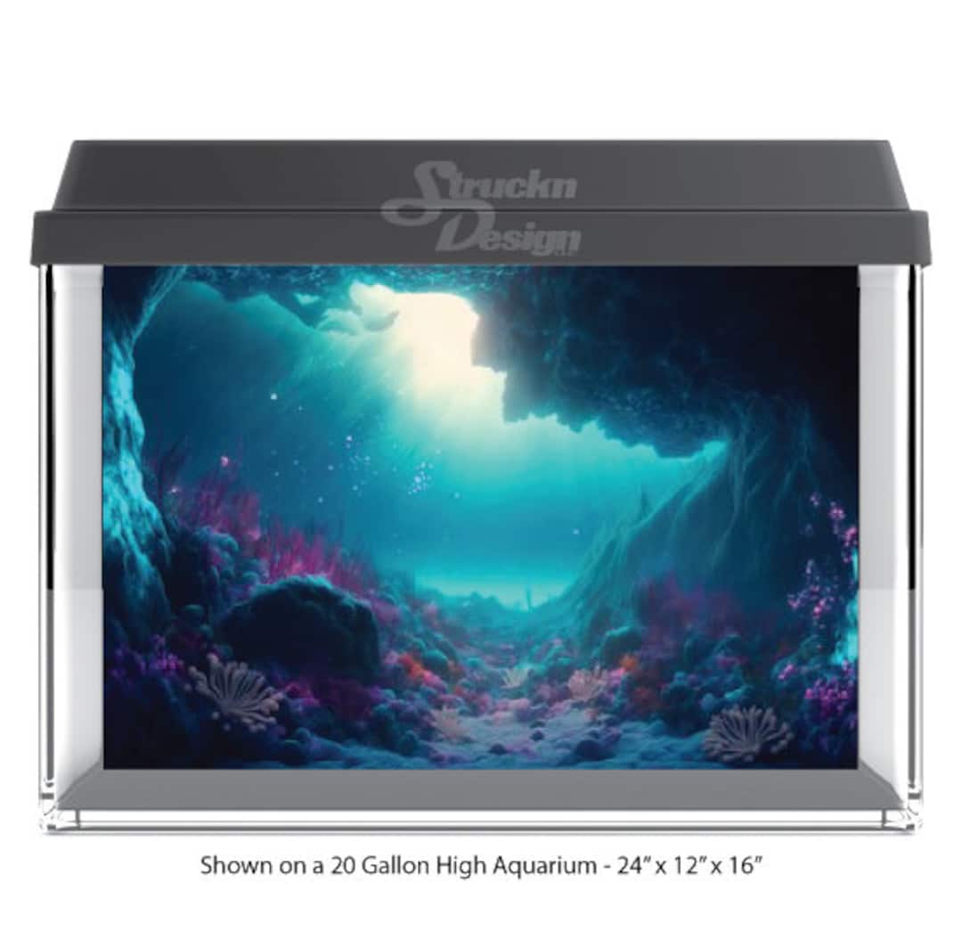 Underwater Rocky Cave Light Shine Teal Water 10mil Polyester Fish Tank ...