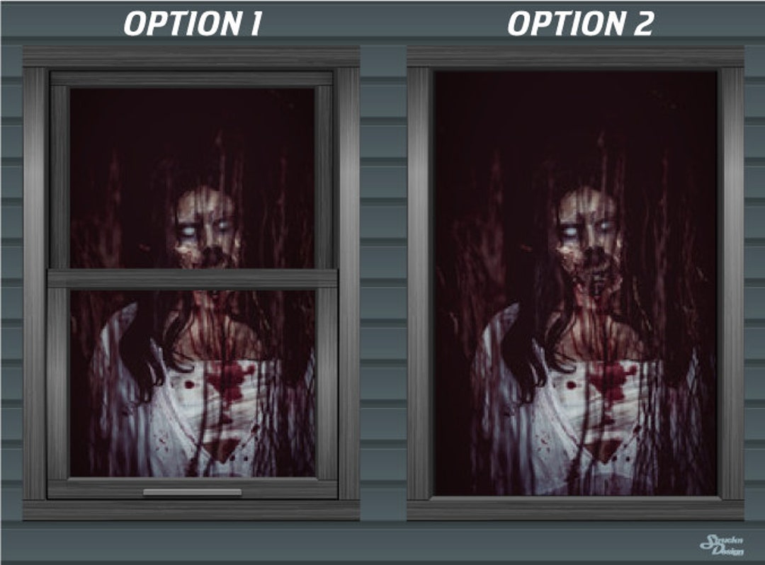 Woman Zombie Scary Face Red Eyes Horror Window Backlit Wall Backdrop ...