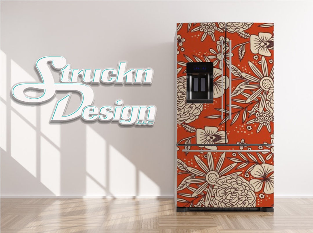 Red Beige Floral Pattern Refrigerator Fridge Freezer Wrap Side by Side ...