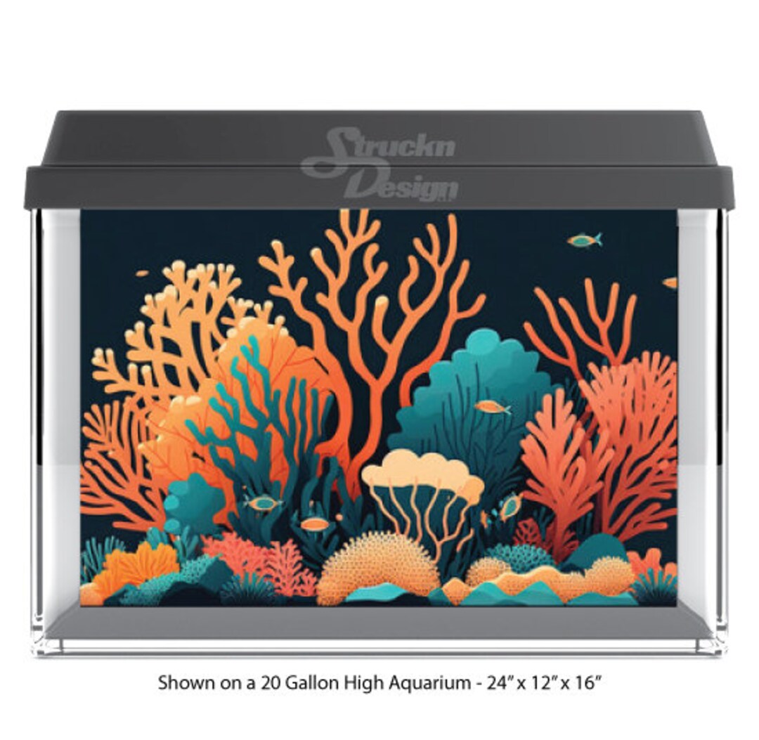 Underwater Dark Sea Coral Fish Cyan Orange 10mil Polyester Fish Tank ...