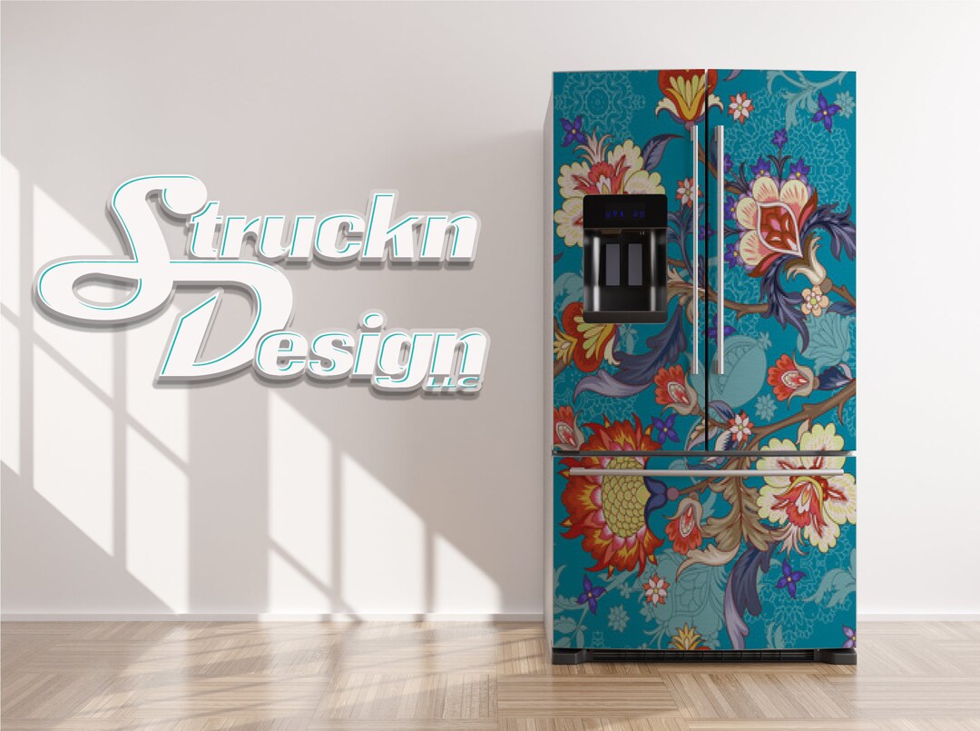 Bright Stylized Flowers Teal Red Yellow Refrigerator Fridge Freezer ...