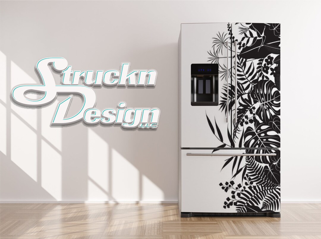 White Black Tropical Plant Design Refrigerator Fridge Freezer Wrap Side ...