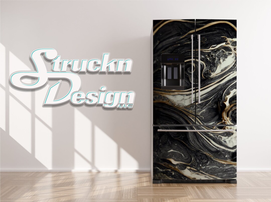 Black White Water Marble Swirl Gold Refrigerator Fridge Freezer Wrap ...