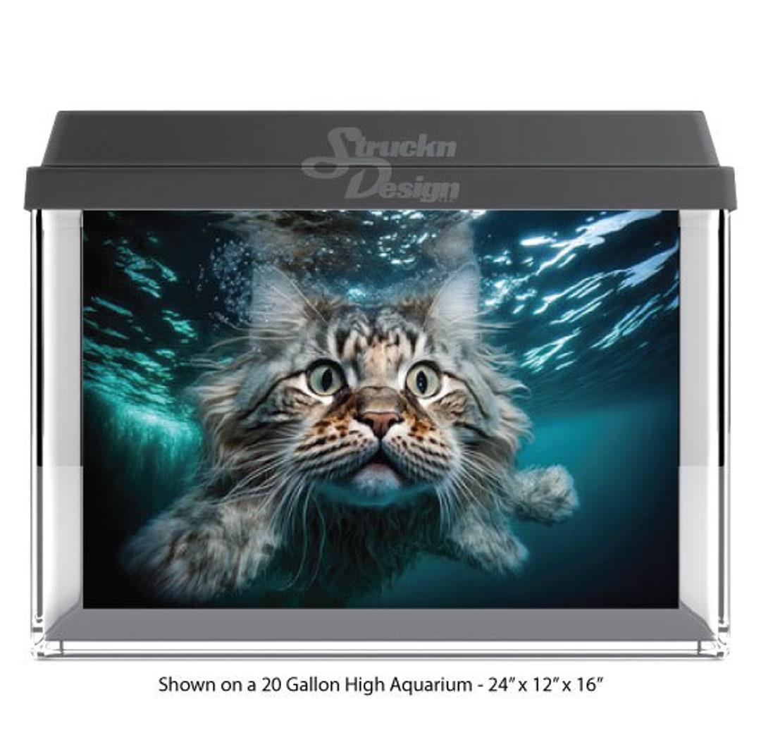 Fluffy Striped Cat Swimming Underwater Teal Water 10mil Polyester Fish ...