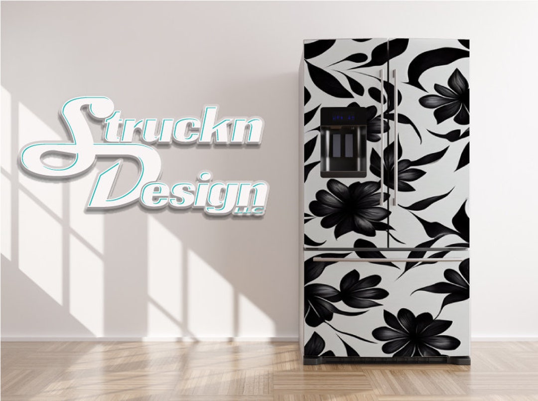 Black White Abstract Flower Pattern Refrigerator Fridge Freezer Wrap ...