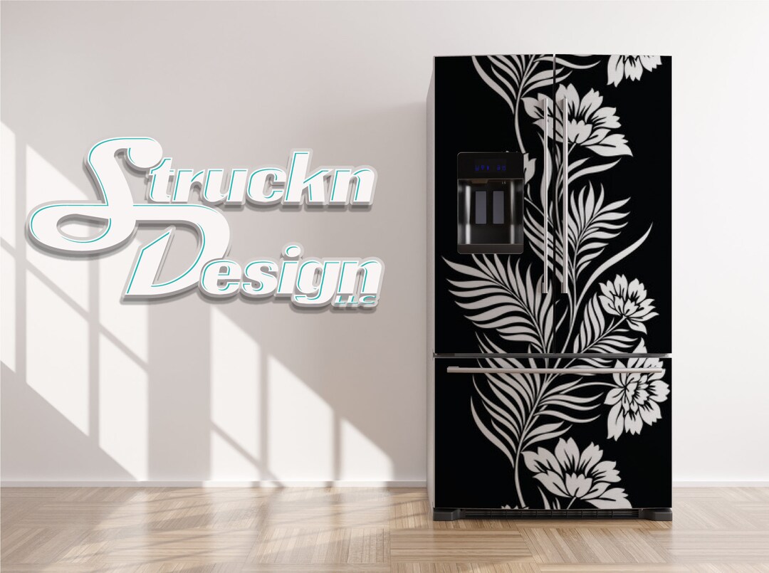 Bold Black White Floral Elements Refrigerator Fridge Freezer Wrap Side ...