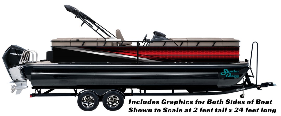 Dotted Red Silver Stripes Black Decal Fishing Boat Pontoon US Wrap Kit ...