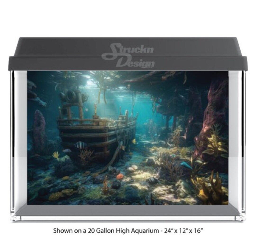 Sunken Underwater Ship Ocean Life Fish 10mil Polyester Aquarium Tank ...