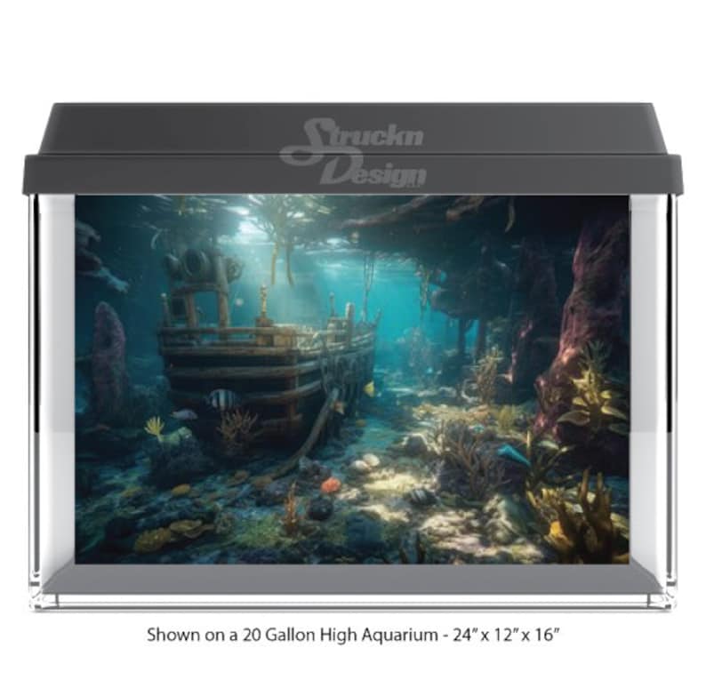 Sunken Underwater Ship Ocean Life Fish 10mil Polyester Aquarium Tank ...