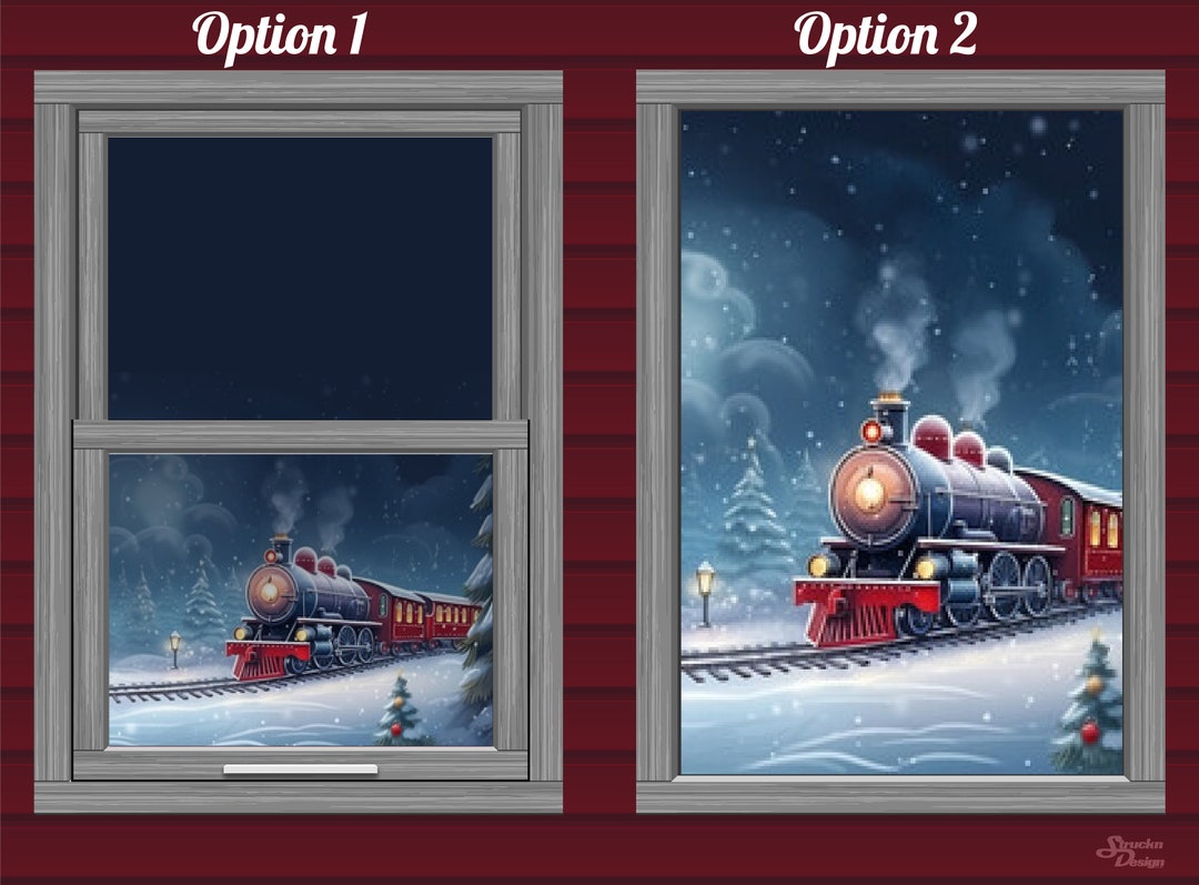 Red Holiday Train Blue Winter Night Window Backlit Wall Backdrop Banner ...