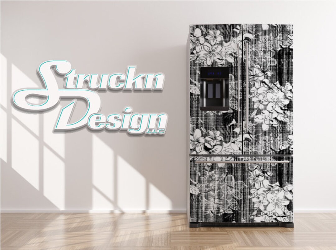 Black Canvas Texture White Topical Flower Refrigerator Fridge Freezer ...