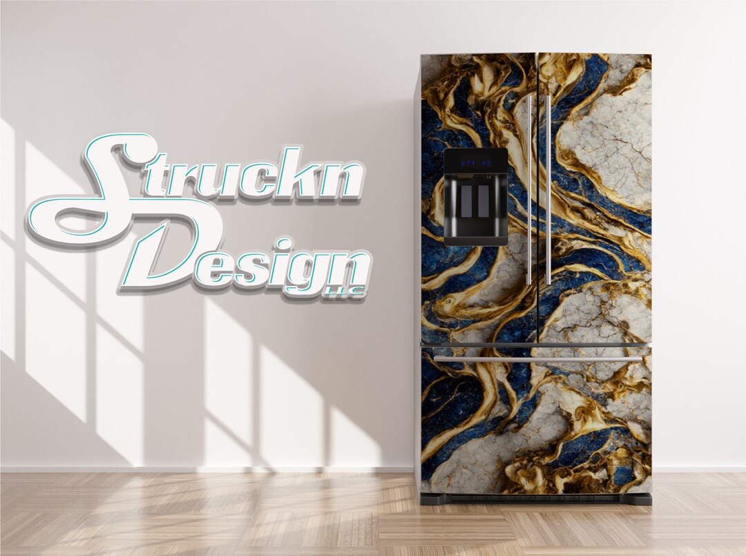 White Marble Texture Paint Gold Blue Swirl Refrigerator Fridge Freezer ...