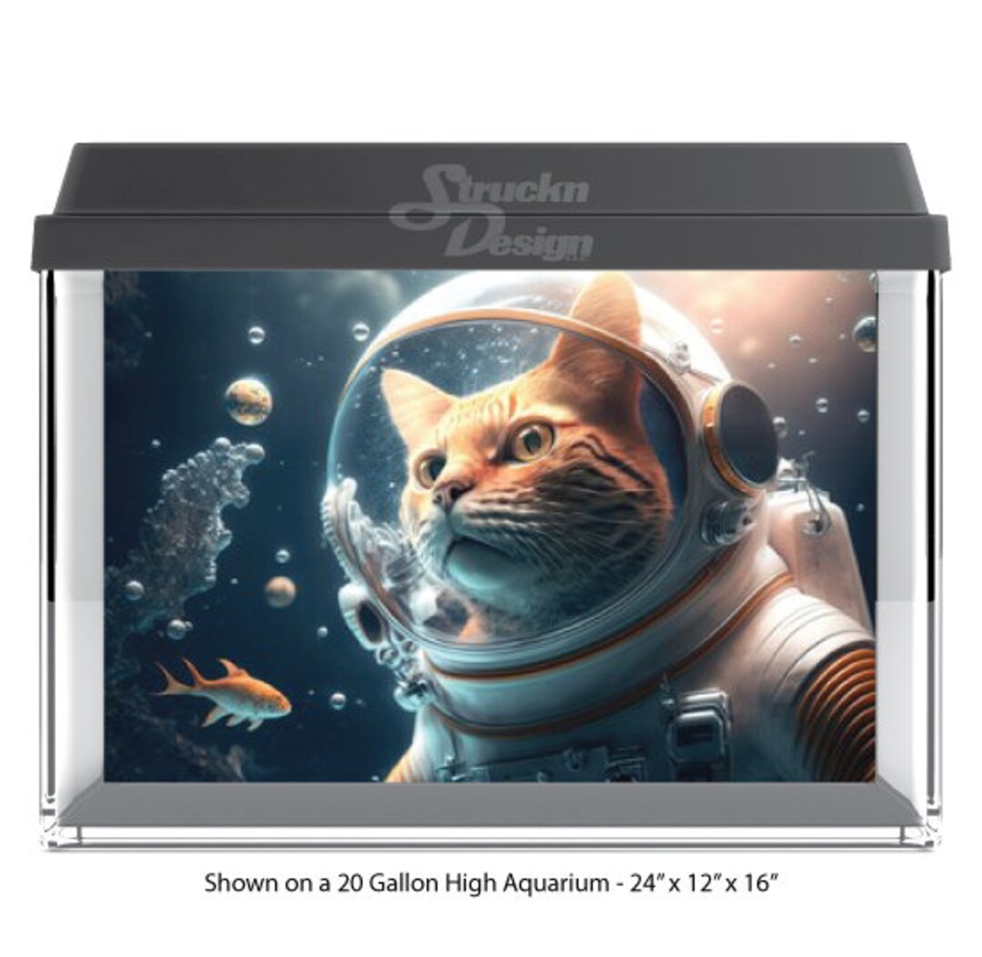 Cat Astronaut Swimming Underwater Fish 10mil Polyester Fish Tank Glass ...