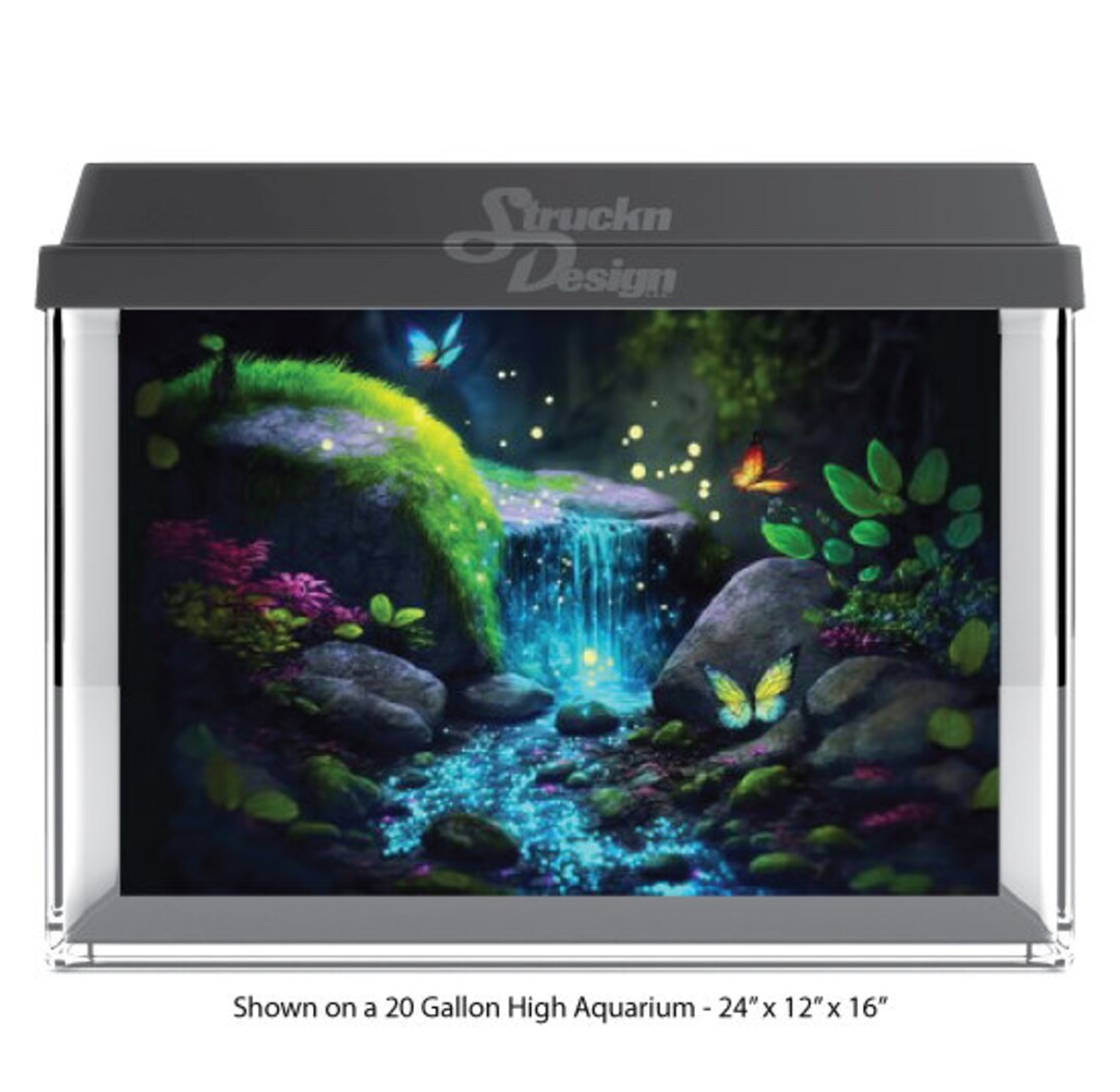 Waterfall Rocks Colorful Butterflies Green Plants 10mil Polyester Fish ...