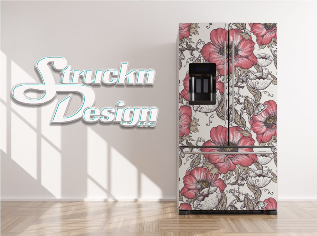 Pink Floral Drawing Design Refrigerator Fridge Freezer Wrap Side by ...