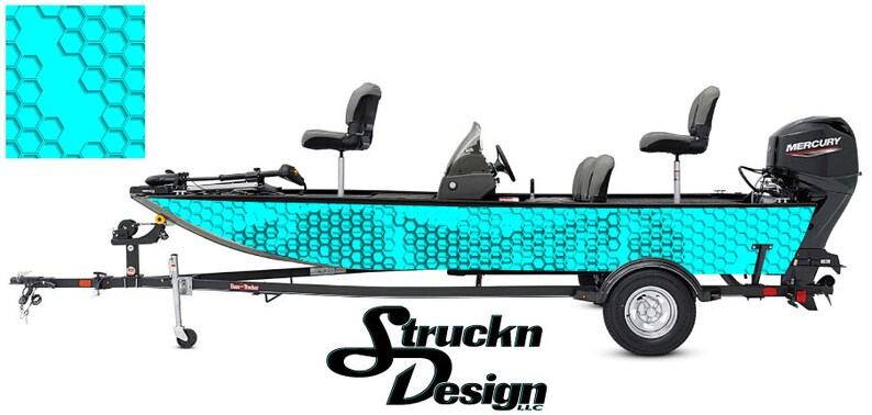 Bass Fishing Boat Cyan Teal Blue Chameleon Camouflage Modern Hexagon ...