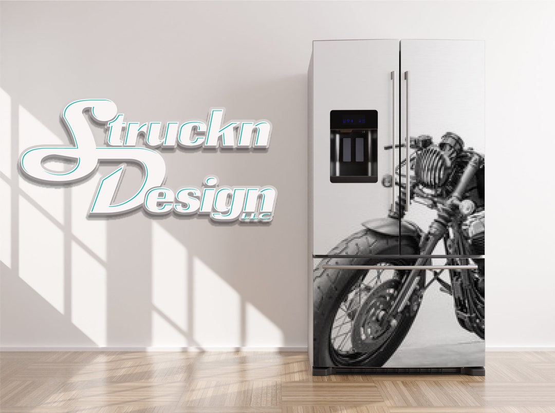 Detailed Black and White Vintage Motorcycle Refrigerator Fridge Freezer ...