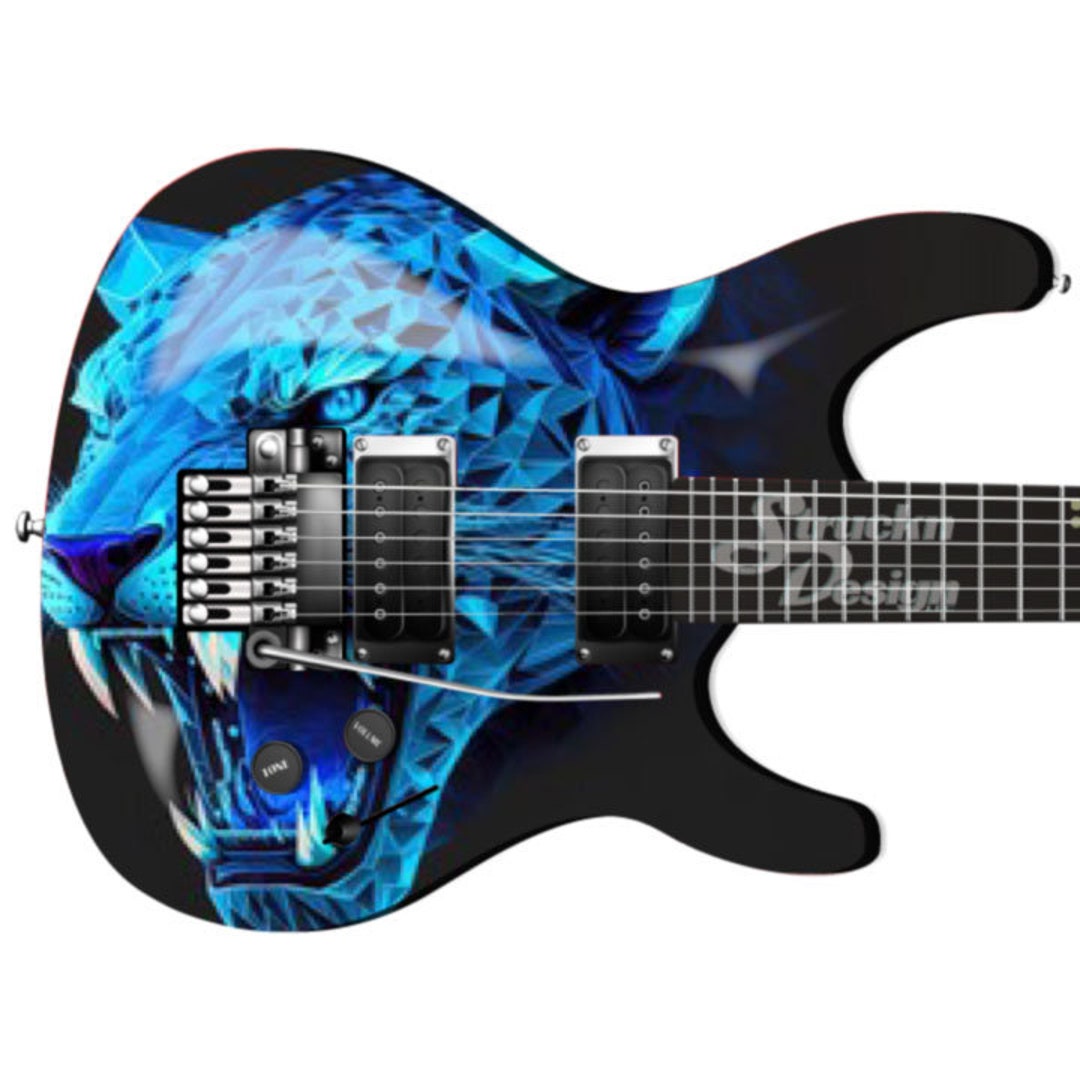 Cyan Fierce Leopard Head Angry Bass Metal Vinyl Guitar Wrap Skin Decal ...