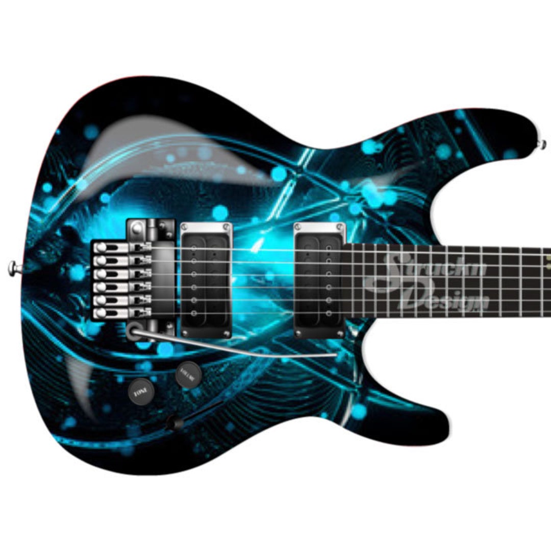 Cyan Blue Curving Lines Glowing Bass Metal Vinyl Guitar Wrap Skin Decal ...