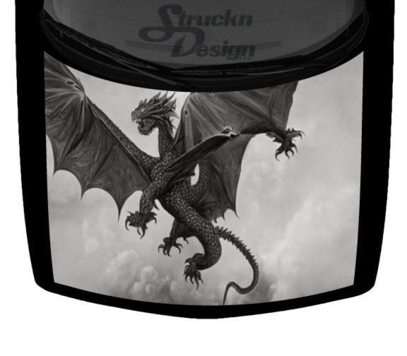 Escala de grises Fierce Flying Dragon Roaring Cloudy Sky Truck Car Hood ...