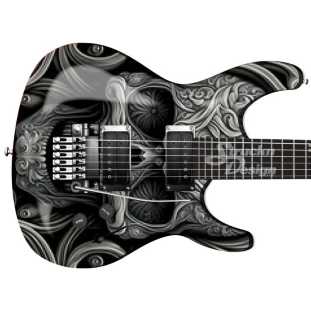 Grayscale Black Engraved Skulls 3D Bass Metal Vinyl Guitar Wrap Skin ...