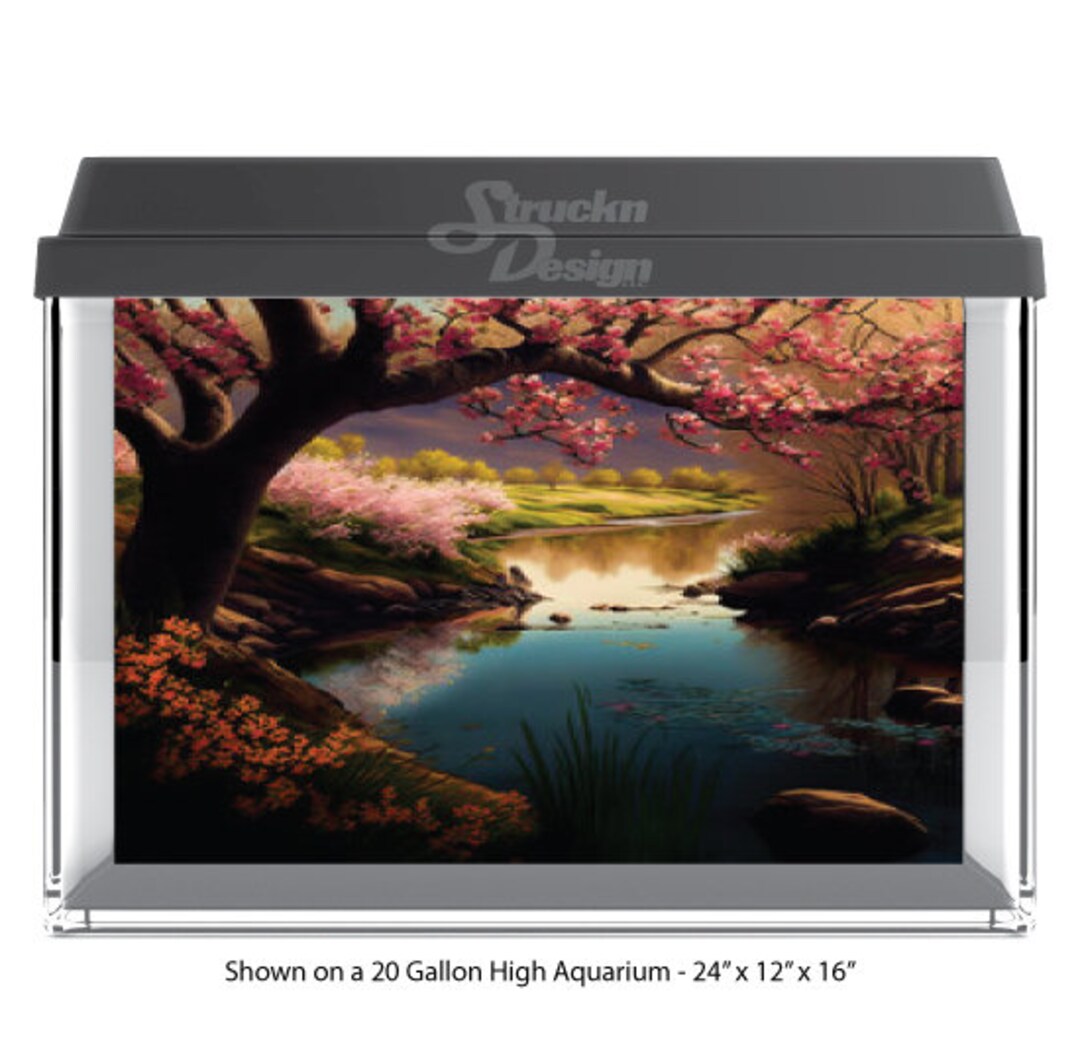 Moody Japanese Cherry Blossom Tree Riverside 10mil Polyester Fish Tank ...