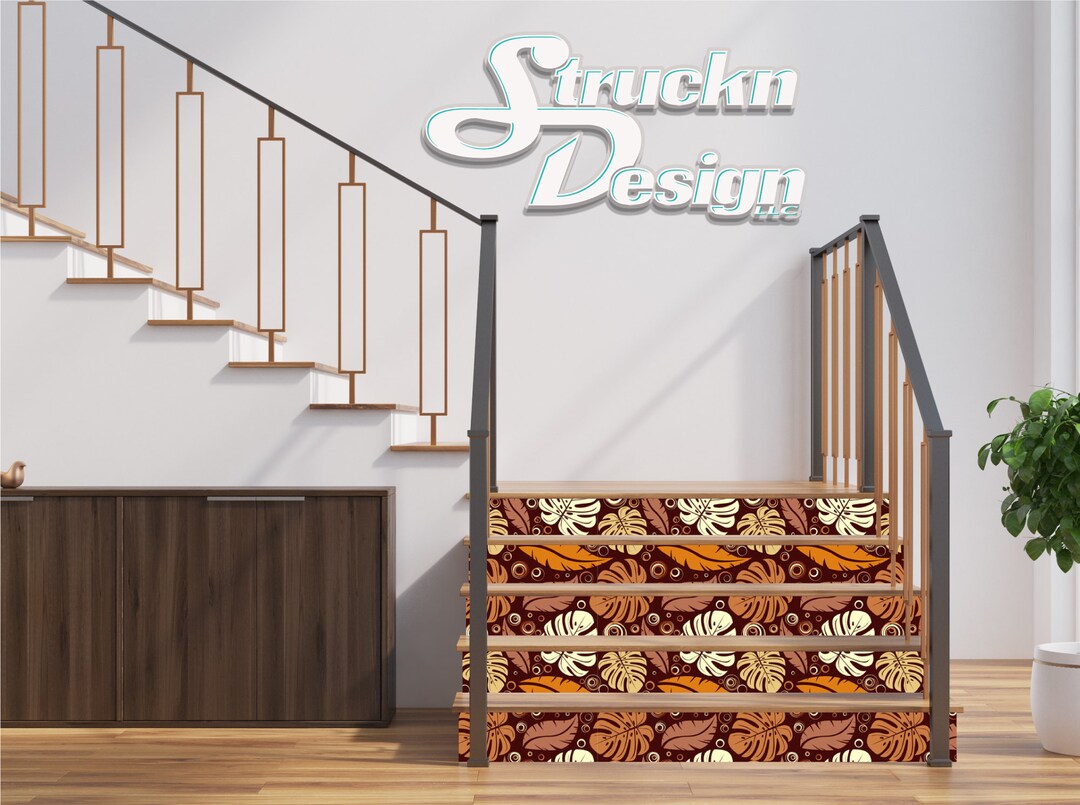 Floral Leafs Bubbles Brown Modern Design Stair Riser Staircase Wrap ...