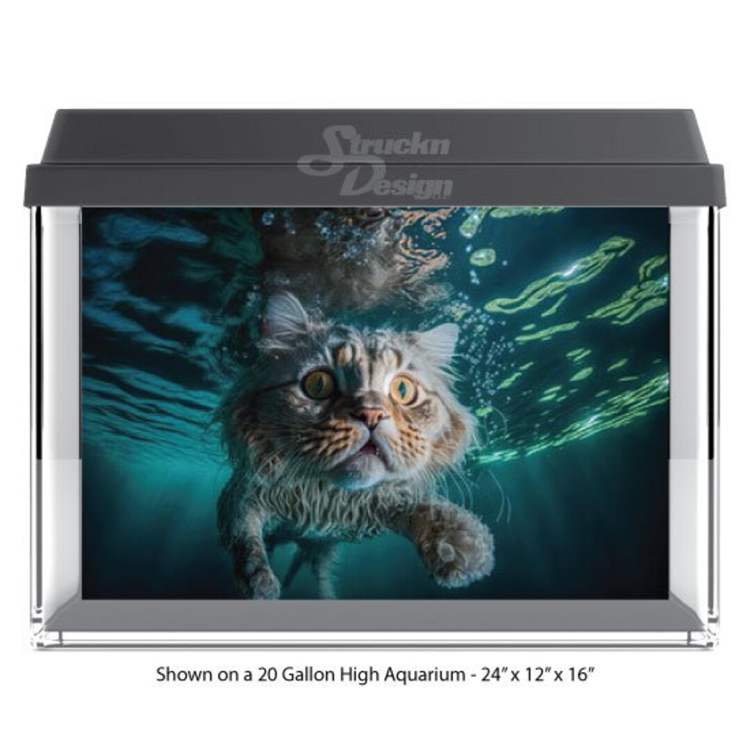 Fluffy Cat Swimming Underwater Teal Water 10mil Polyester Fish Tank ...
