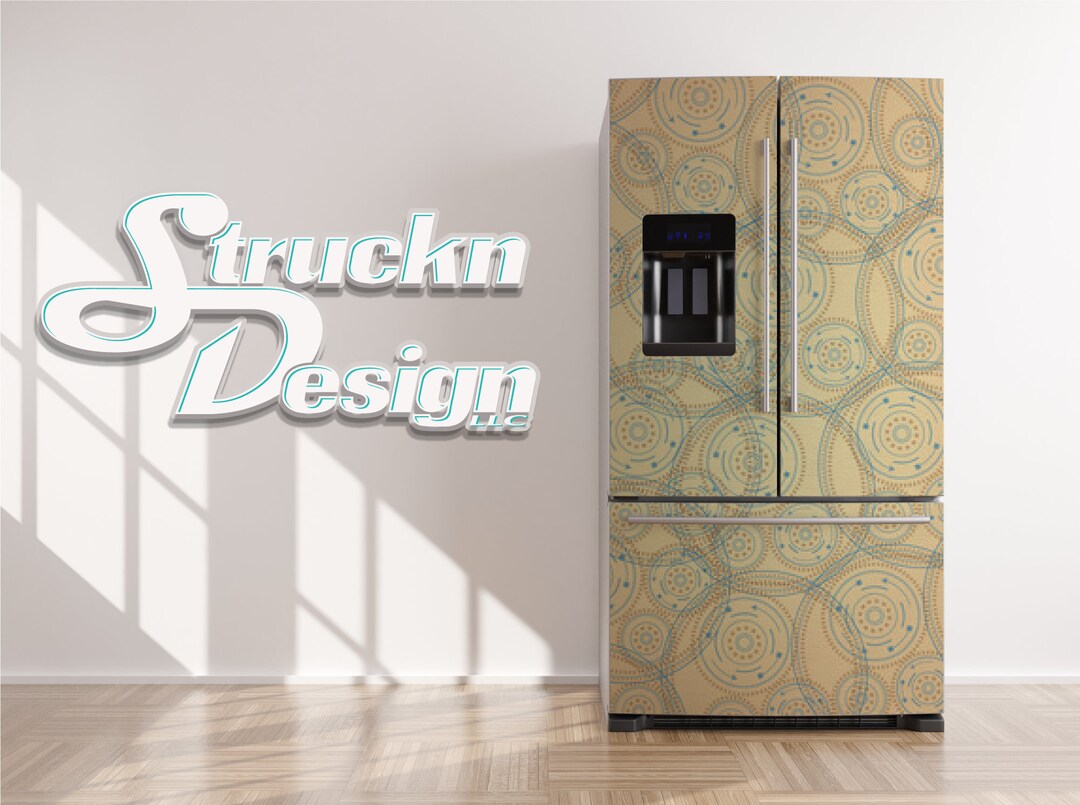 Vintage Graphic Gears Beige Blue Techno Refrigerator Fridge Freezer ...