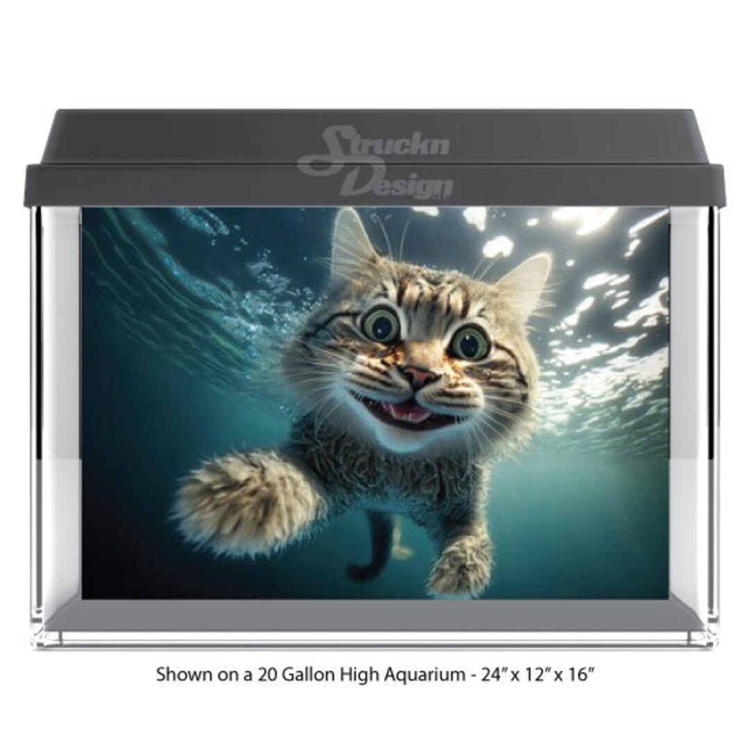 Grey Fluffy Smiling Cat Swimming Underwater Water 10mil Polyester Fish ...