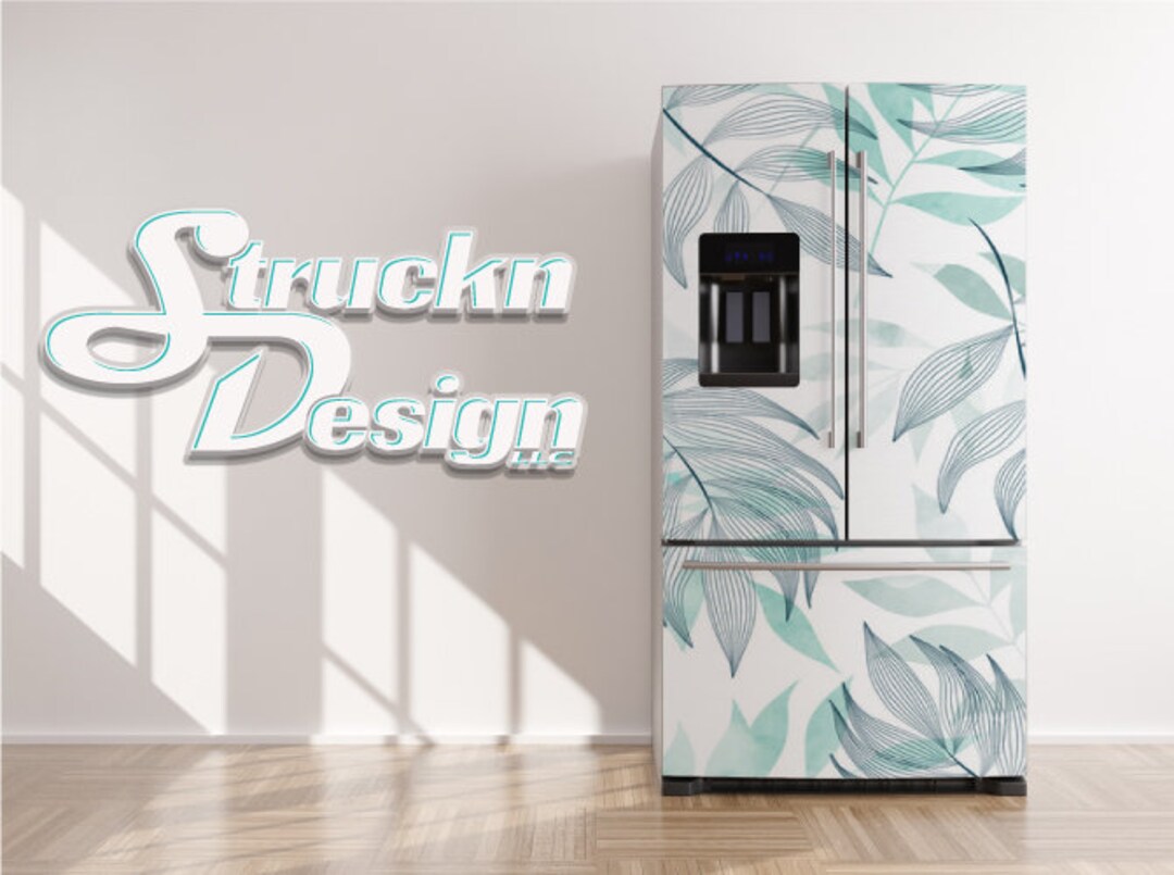 Modern Abstract Vines Navy Green Wavy Leave Refrigerator Fridge Freezer ...