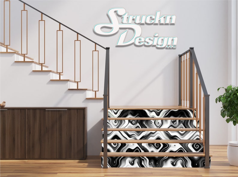Trippy Melted Swirls Black White Stair Riser Staircase Wrap Vinyl Mural ...