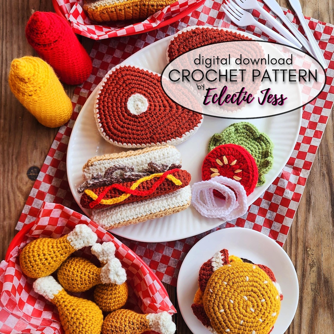 Crochet BBQ Play Food Pattern: Amigurumi Burger, Steak, Hot Dog (PDF ...