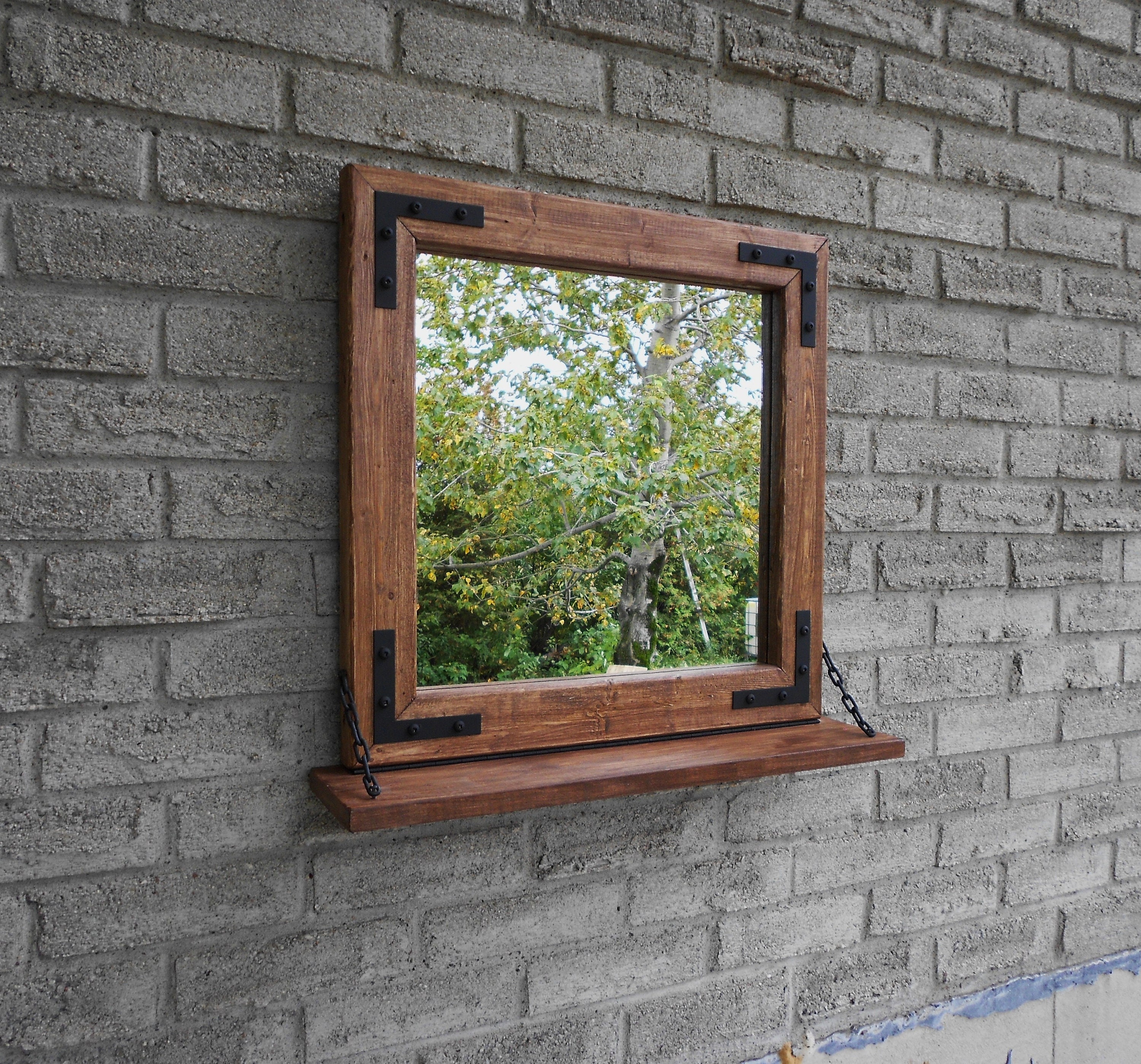 Solid Wood Rustic Industrial Wall Mirror With Shelf - Etsy