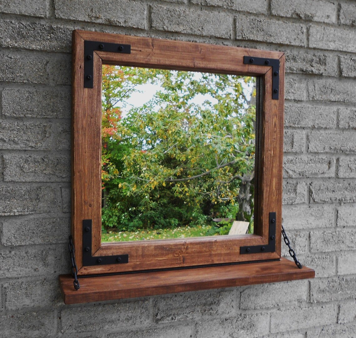 Solid Wood Rustic Industrial Wall Mirror With Shelf - Etsy