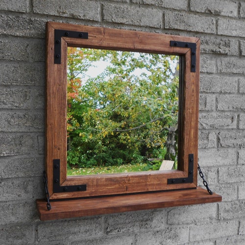 Solid Wood Rustic Industrial Wall Mirror With Shelf - Etsy Canada