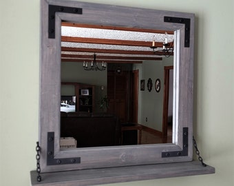 Solid Wood Rustic Industrial Wall Mirror With Shelf - Etsy