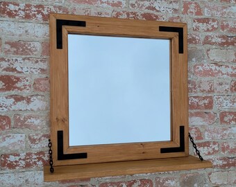 Solid Wood Rustic Industrial Wall Mirror With Shelf - Etsy