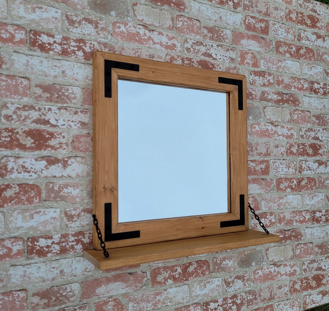Solid Wood Rustic Industrial Wall Mirror With Shelf - Etsy