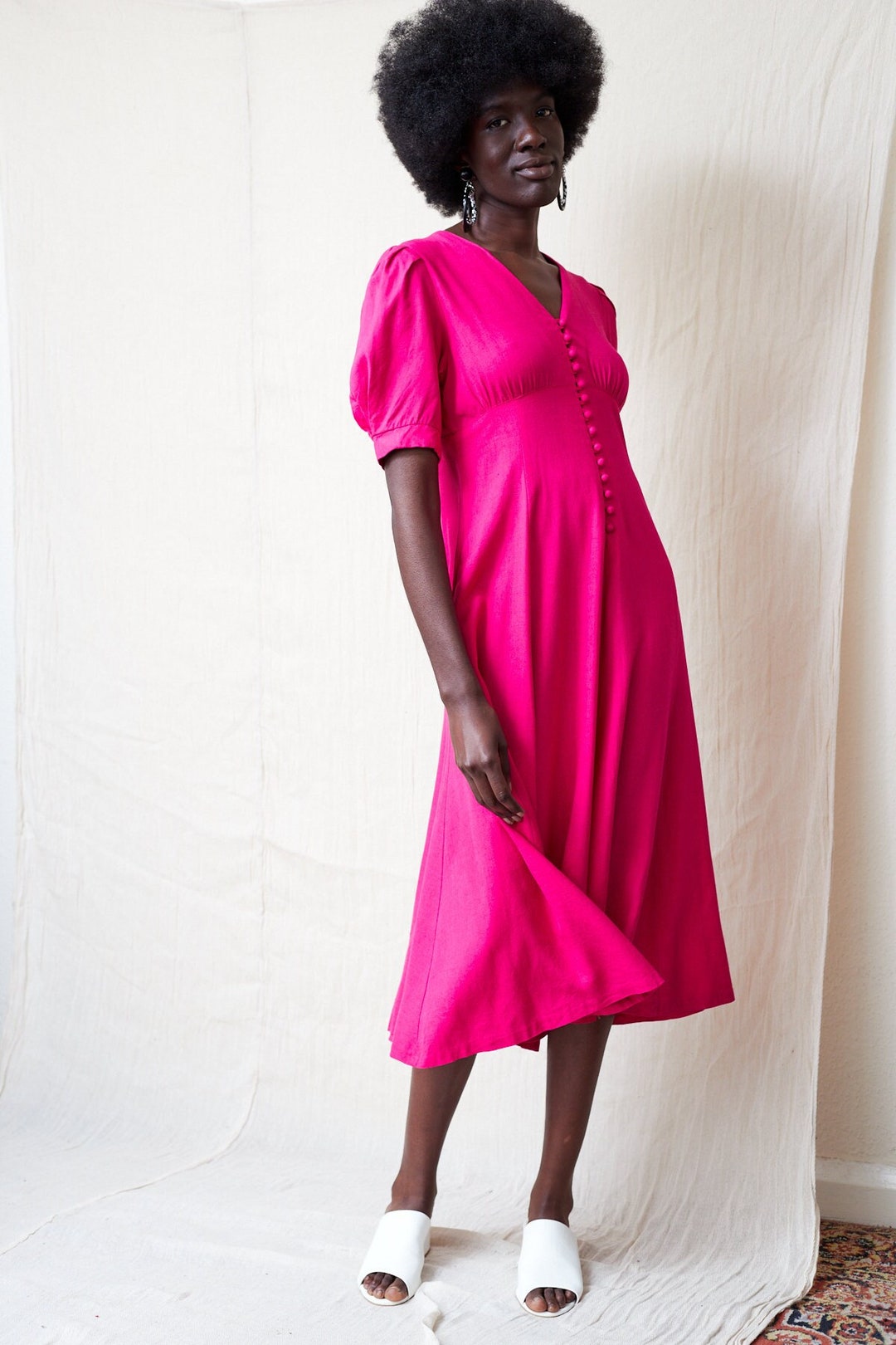 Vintage 70s Pink Dress Small, Linen Blend A-line Dress, Fuchsia Hot ...