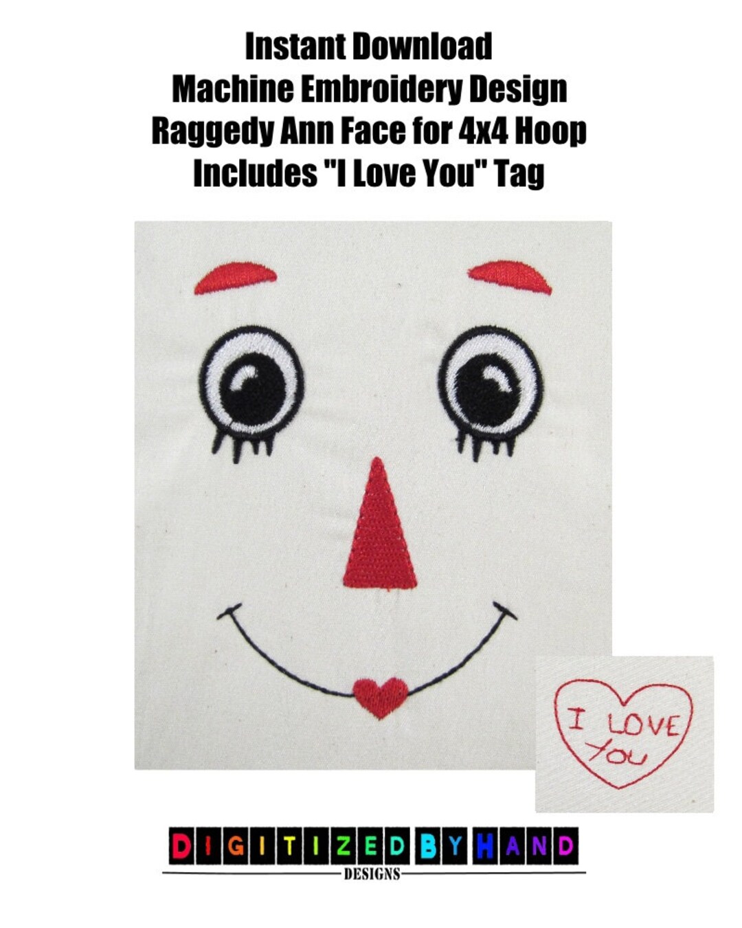 INSTANT DOWNLOAD Raggedy Ann Face Redwork Machine Embroidery Designs ...