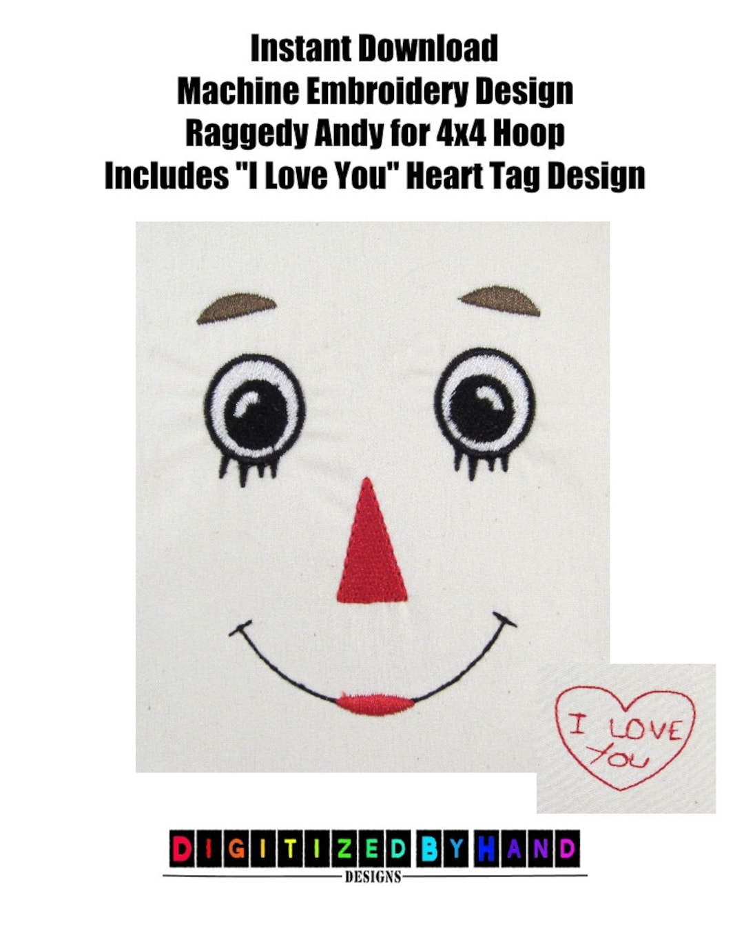 INSTANT DOWNLOAD Raggedy Andy Face Redwork Machine Embroidery Designs ...