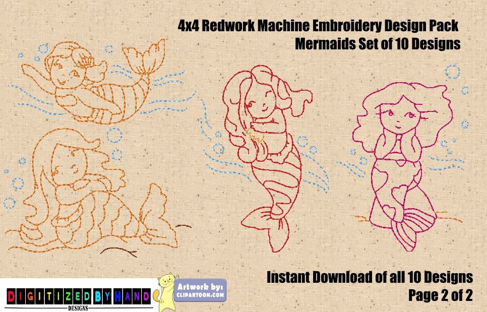 10 Redwork Embroidery Designs Machine Embroidery Mermaid - Etsy
