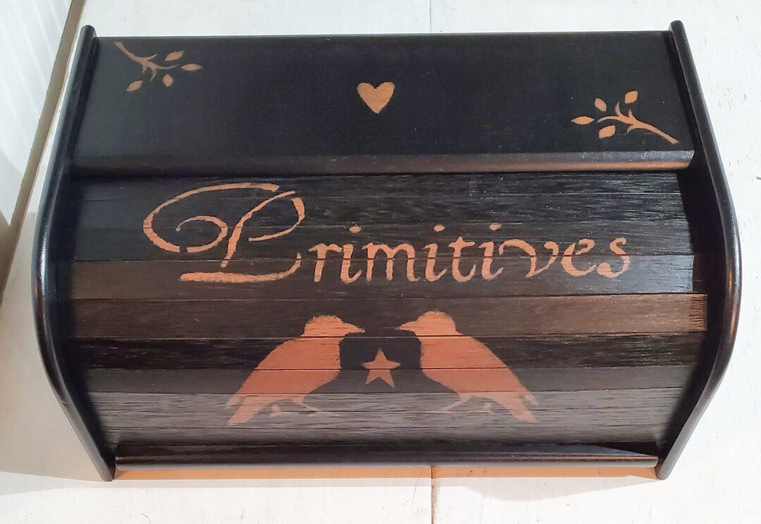 Wood Rolling Door Bread Box Black Primitive Crow Willow Tree Star - Etsy